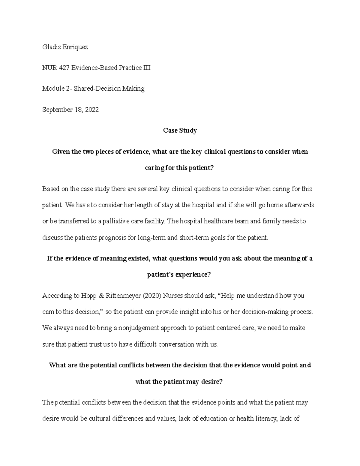 Shared decision making module 2 - Gladis Enriquez NUR 427 Evidence ...