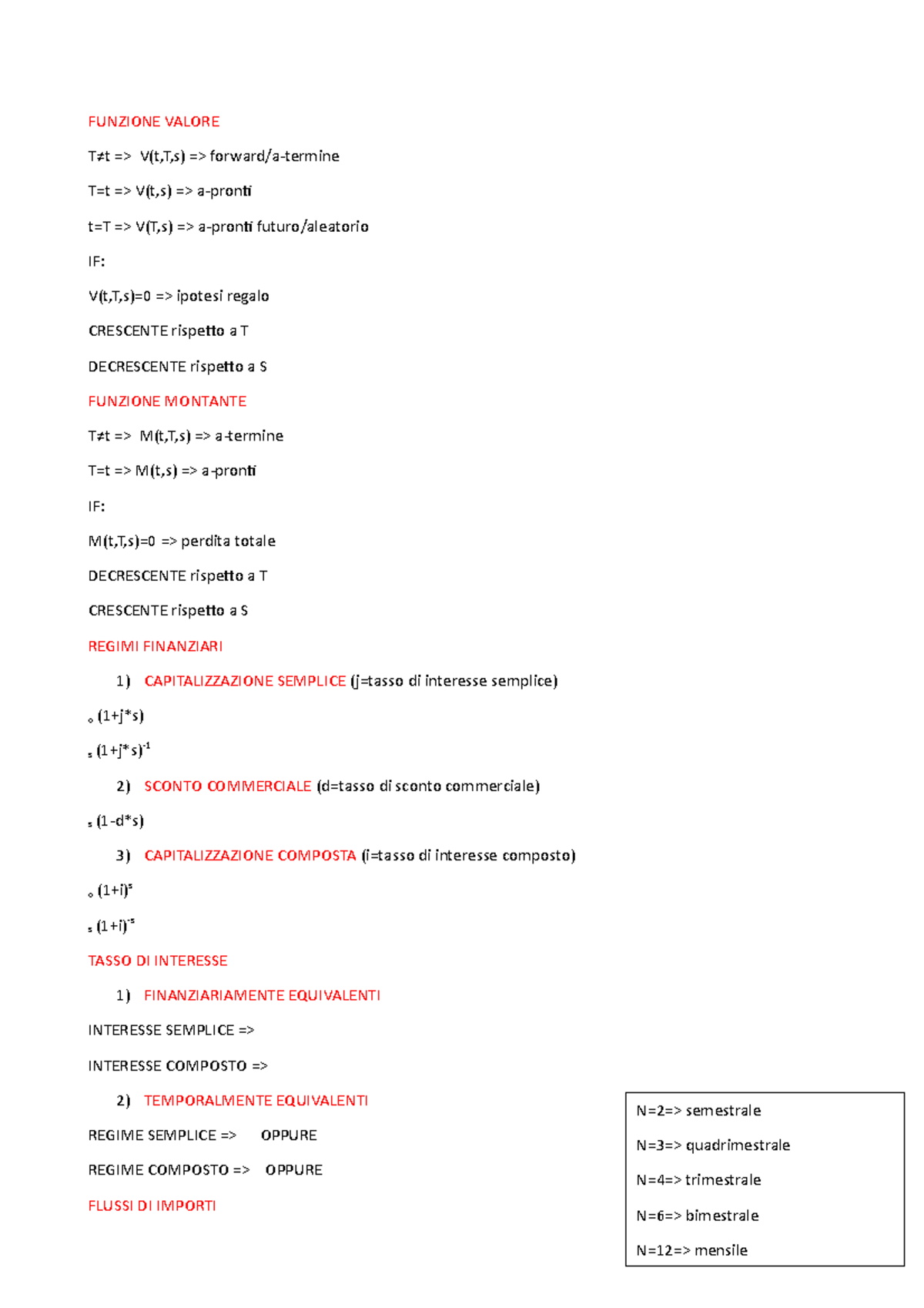 Formule per matematica finanziaria, riassunti formule - FUNZIONE VALORE ...