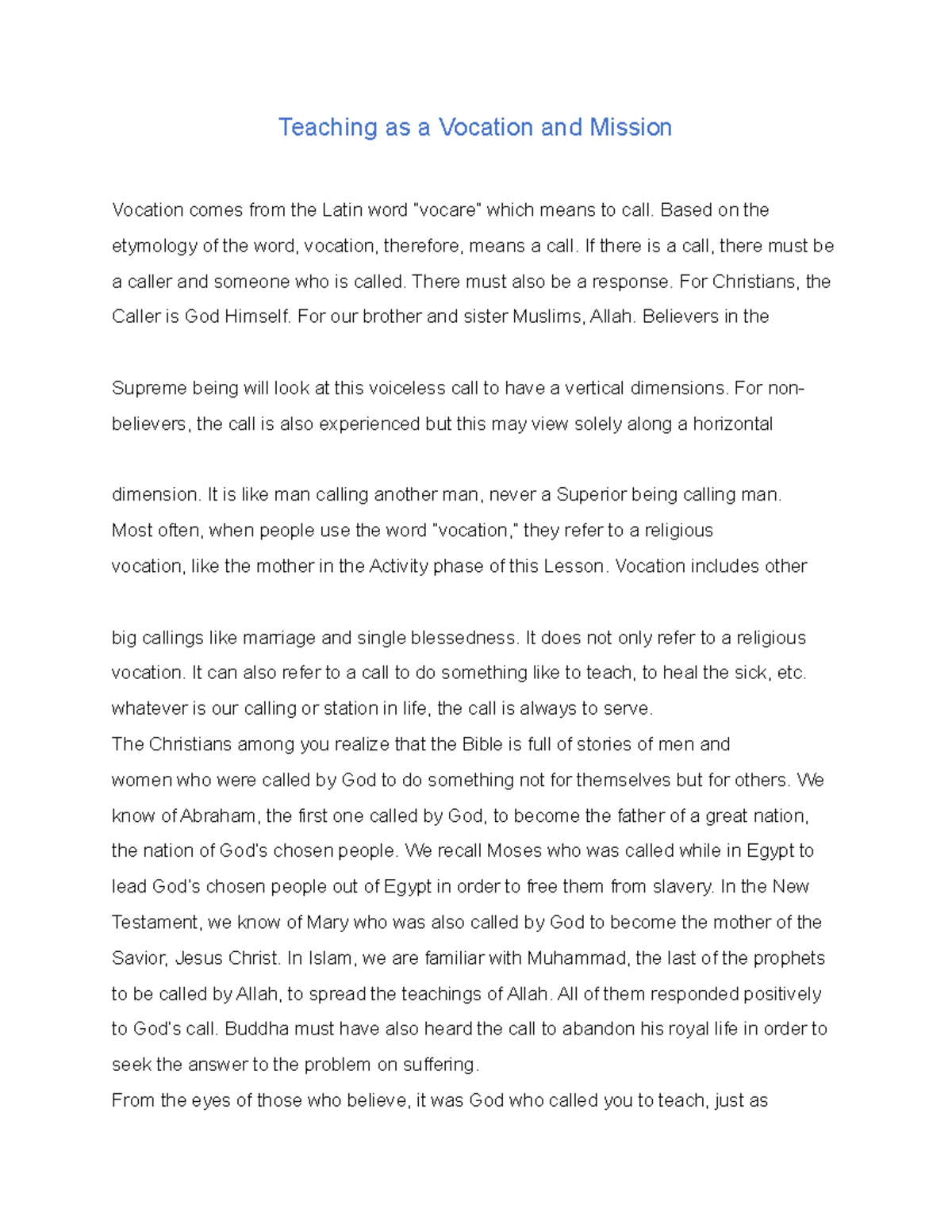 Output-3 - Output-3 - Teaching as a Vocation and Mission Vocation comes ...