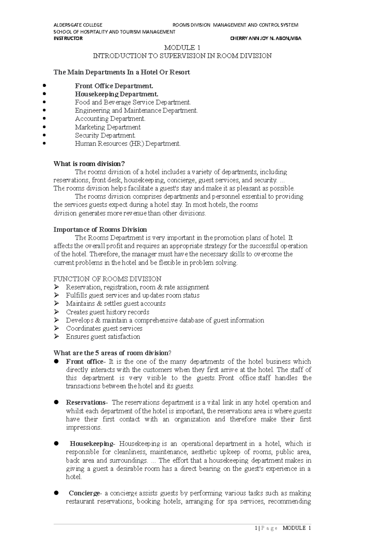 Module 1. Rooms Division Management and Control System - ALDERSGATE ...