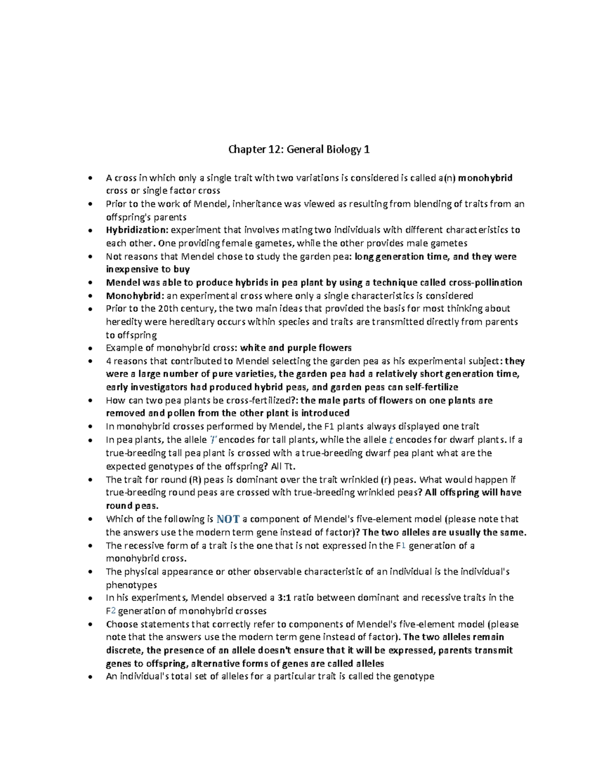 Chapter 12 General Biology 1 - Chapter 12: General Biology 1 • A cross ...