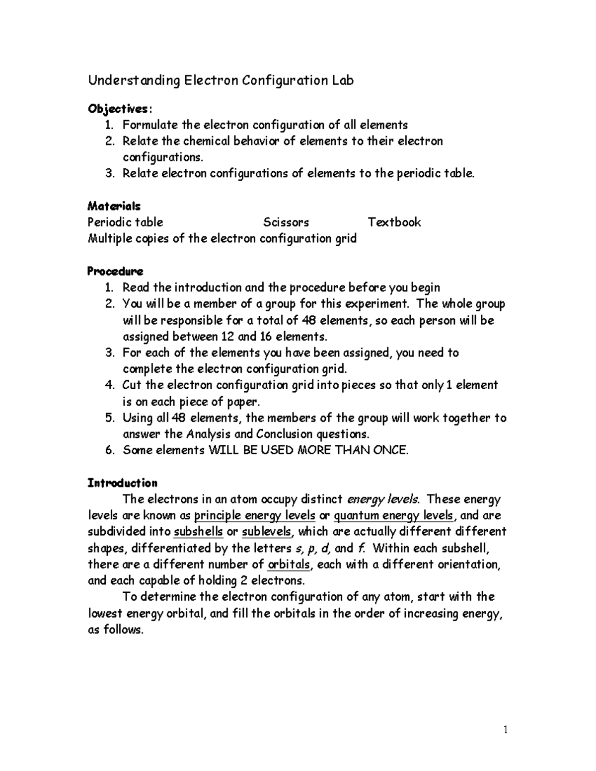 Lab- Understanding electoron Configuration - Understanding Electron ...