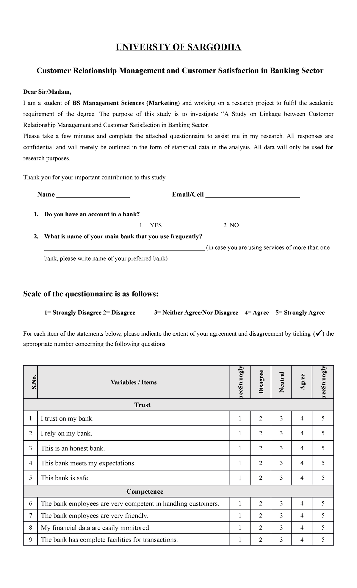 My Questionnaire bank satisfaction - UNIVERSTY OF SARGODHA Customer ...