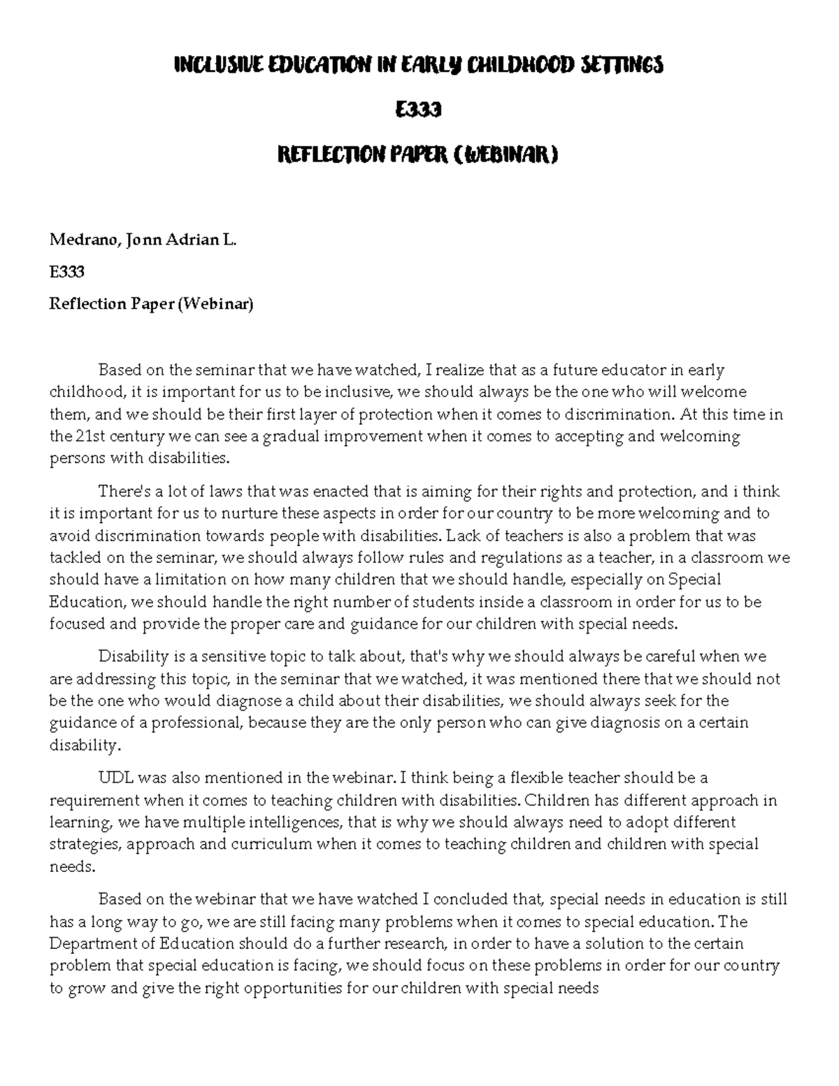 Medrano, JONN Adrian L. Reflection Paper ( Webinar) E333 Inclusive ...
