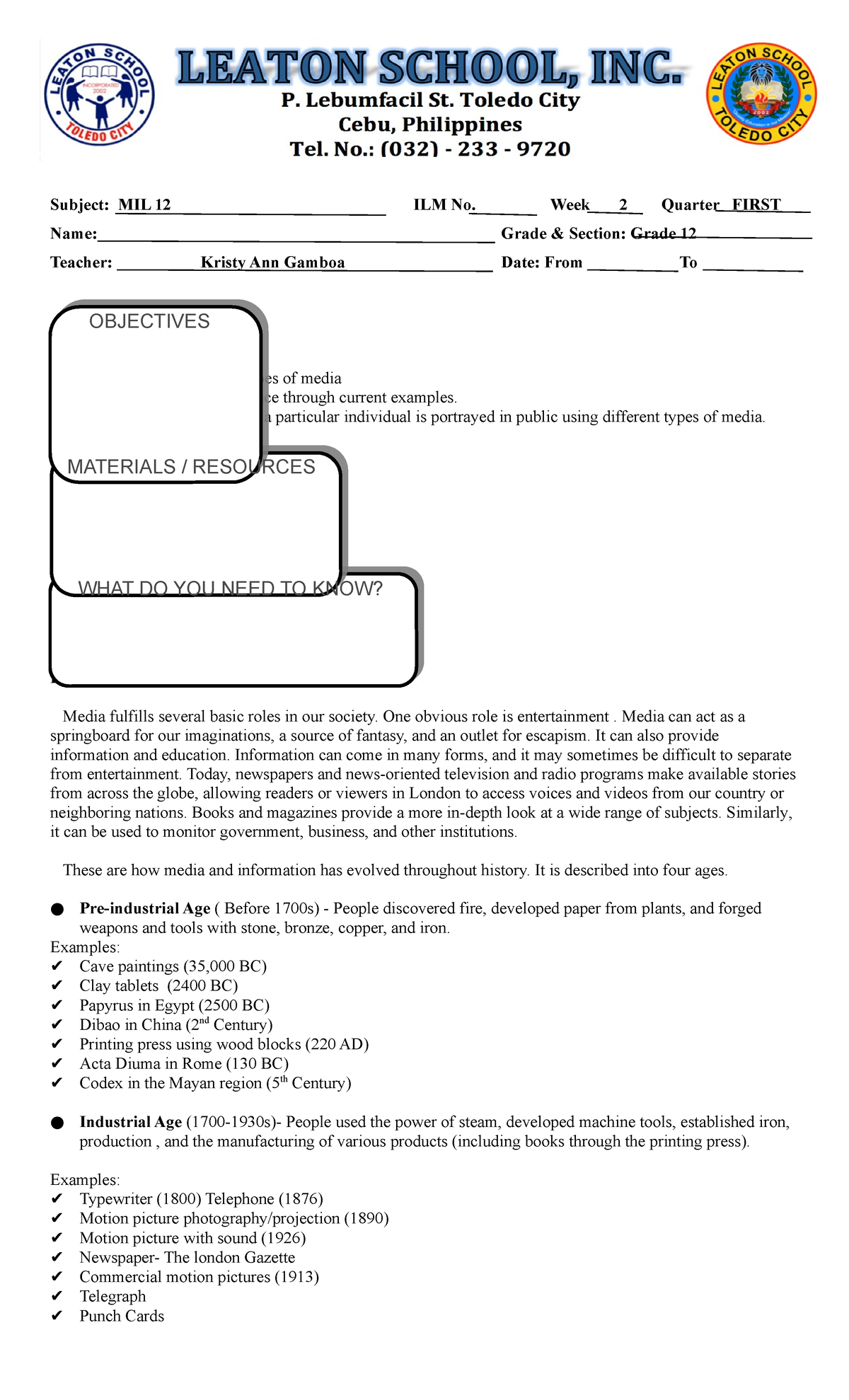 MIL 12-QUARTER 1 Module 2 - Subject: MIL 12 ILM No. Week 2 Quarter ...