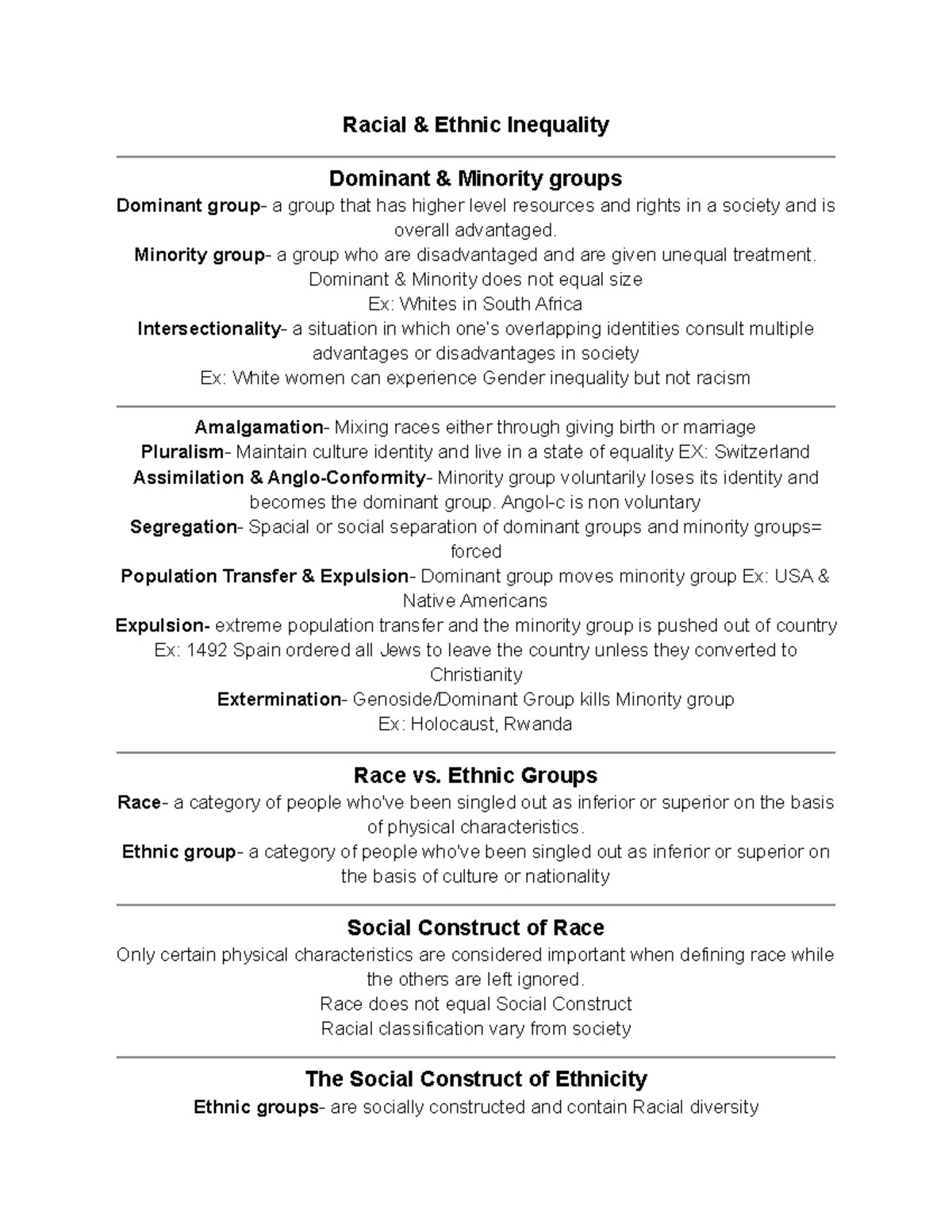 Sociology Lecture Notes 4 - Racial & Ethnic Inequality Dominant ...