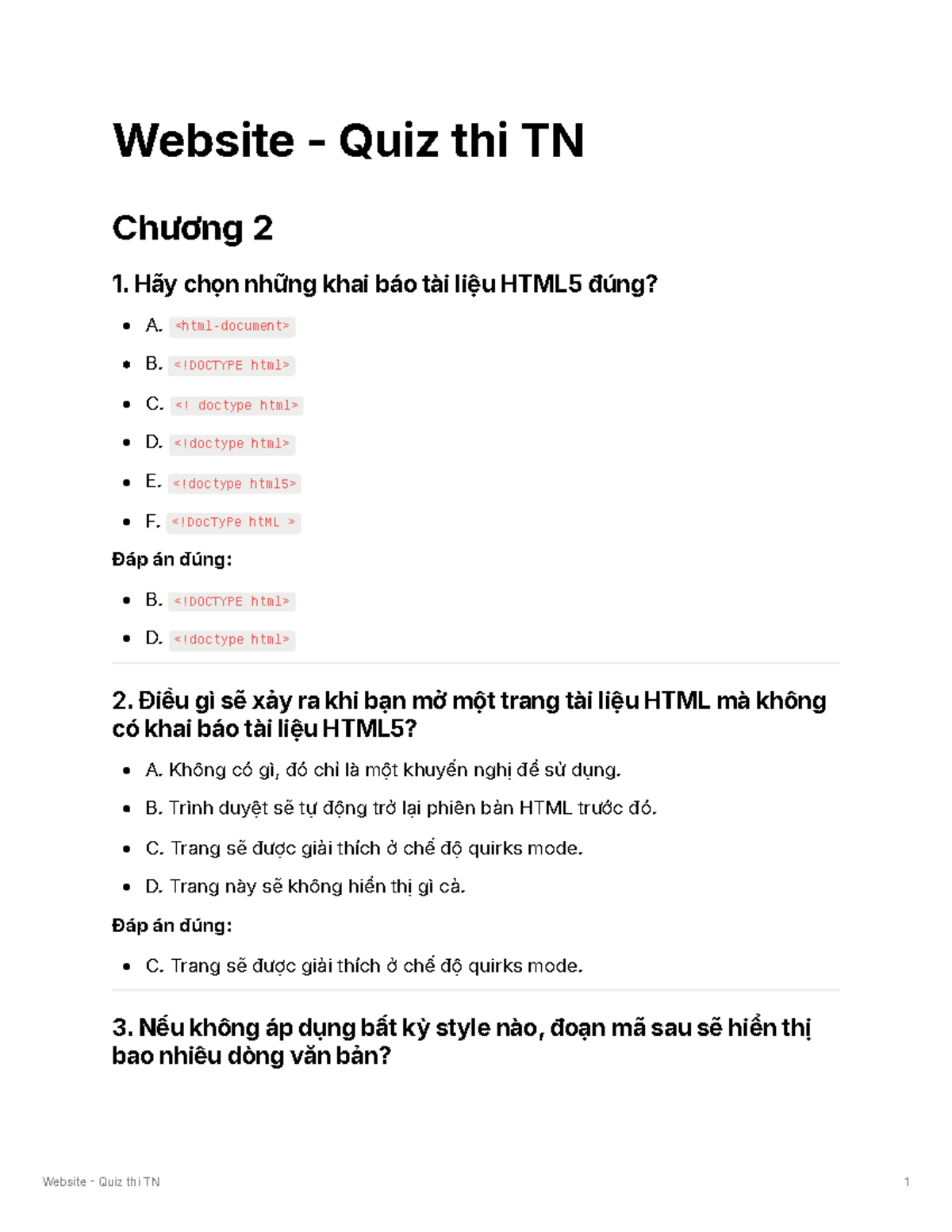 Website - Quiz thi TN - Website - Quiz thi TN Chương 2 1. Hãy chọn những khai báo tài liệu HTML5 ...
