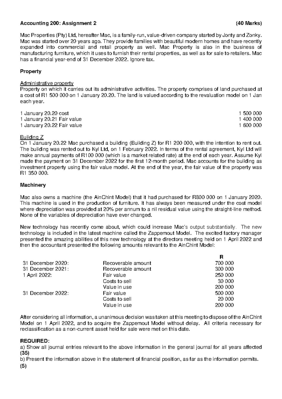 Acc200 - Assignment 2 - Accounting 200: Assignment 2 ( 40 Marks) Mac Properties (Pty) Ltd ...