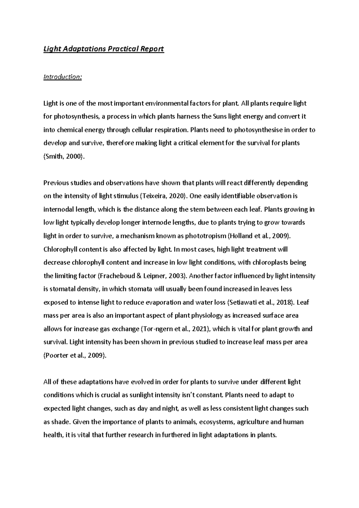 Light adaptations - 13882562 - Light Adaptations Practical Report ...