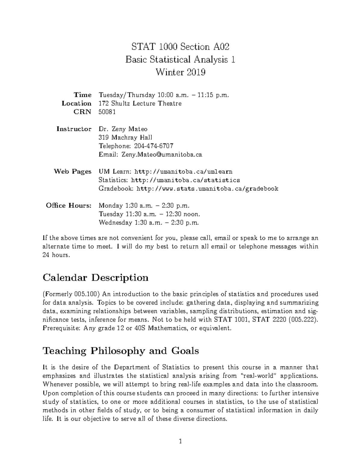Stat 1000 Course Outline Winter 2019 - STAT 1000 Section A02 Basic Statistical Analysis 1 Winter ...