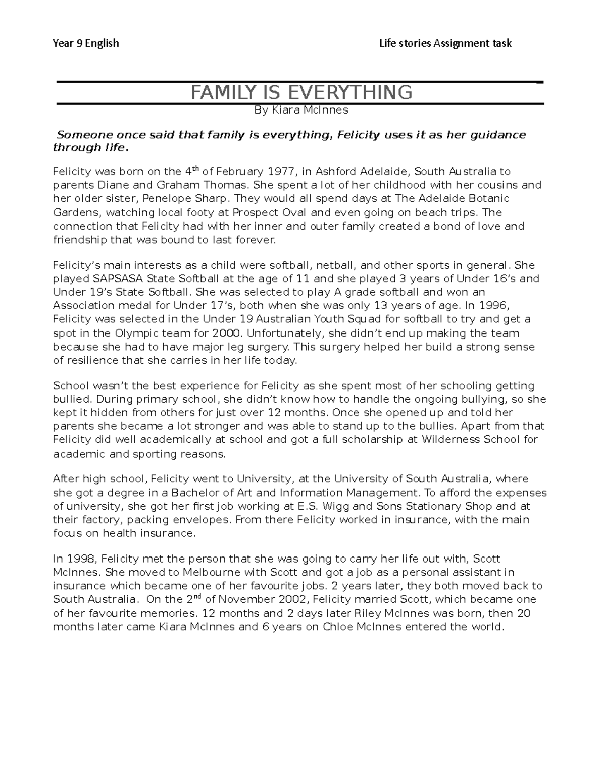 Year 9-English-Life Story Assessment about a particular persons life ...