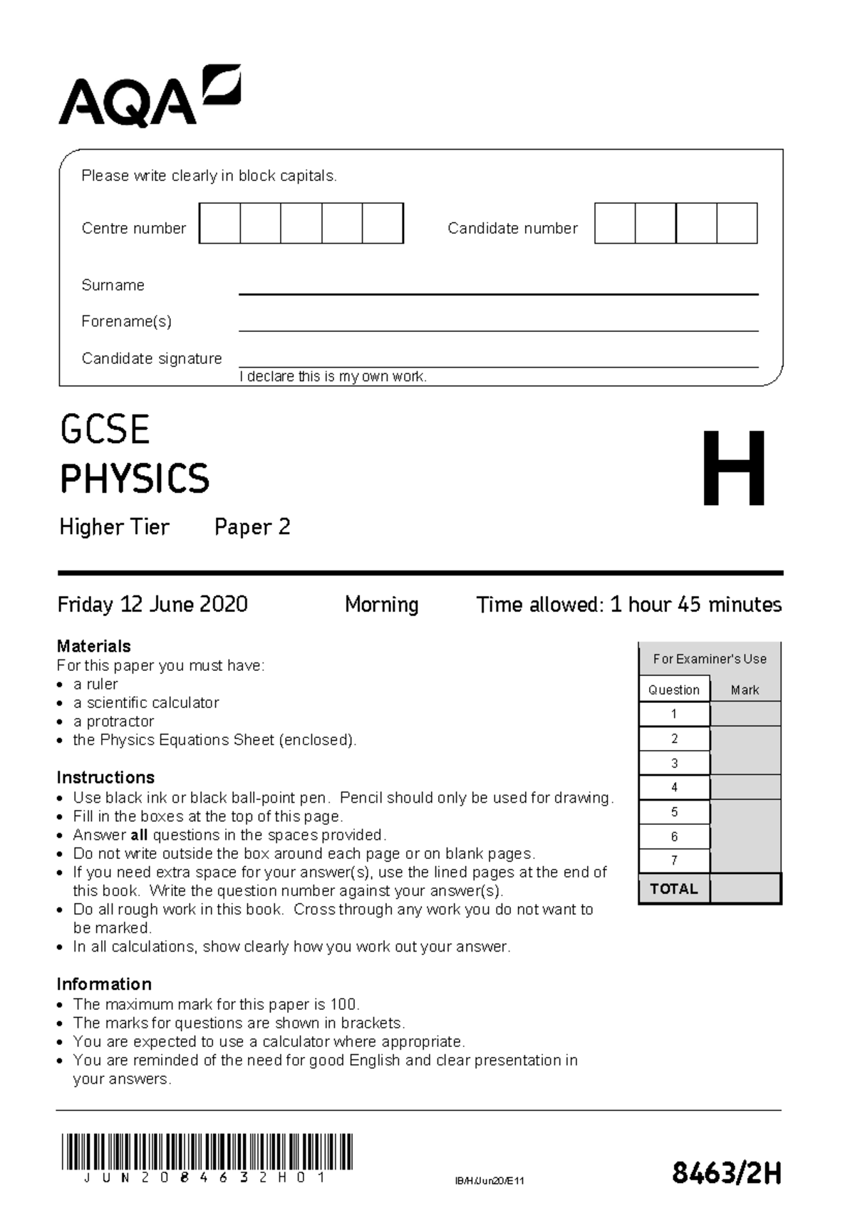 Physics paper 2- November 2020 - Jun2084632H01 IB/H/Jun20/E11 8463/2H ...