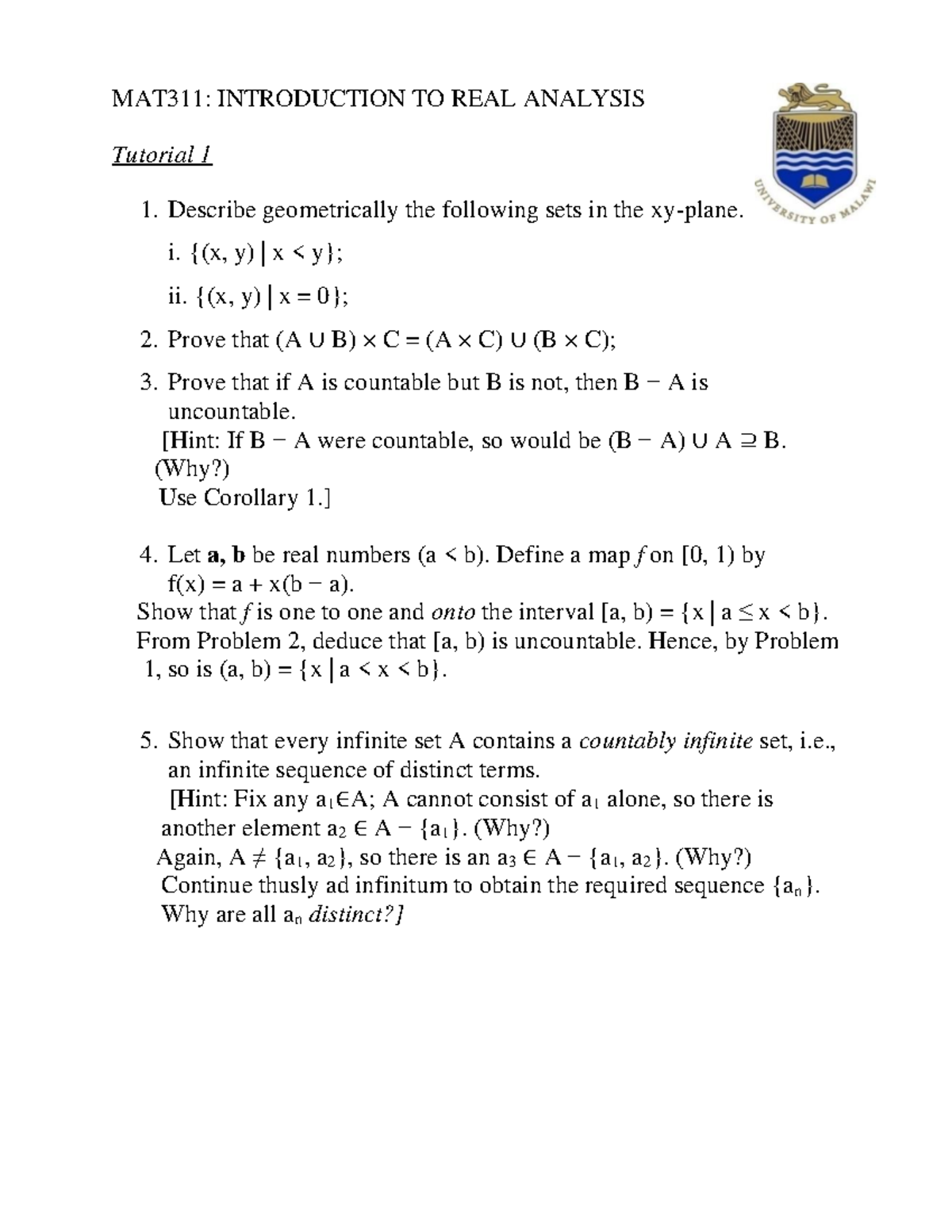 MAT311 Tutorial 1 - Introduction to real analysis - MAT311: INTRODUCTION TO REAL ANALYSIS ...