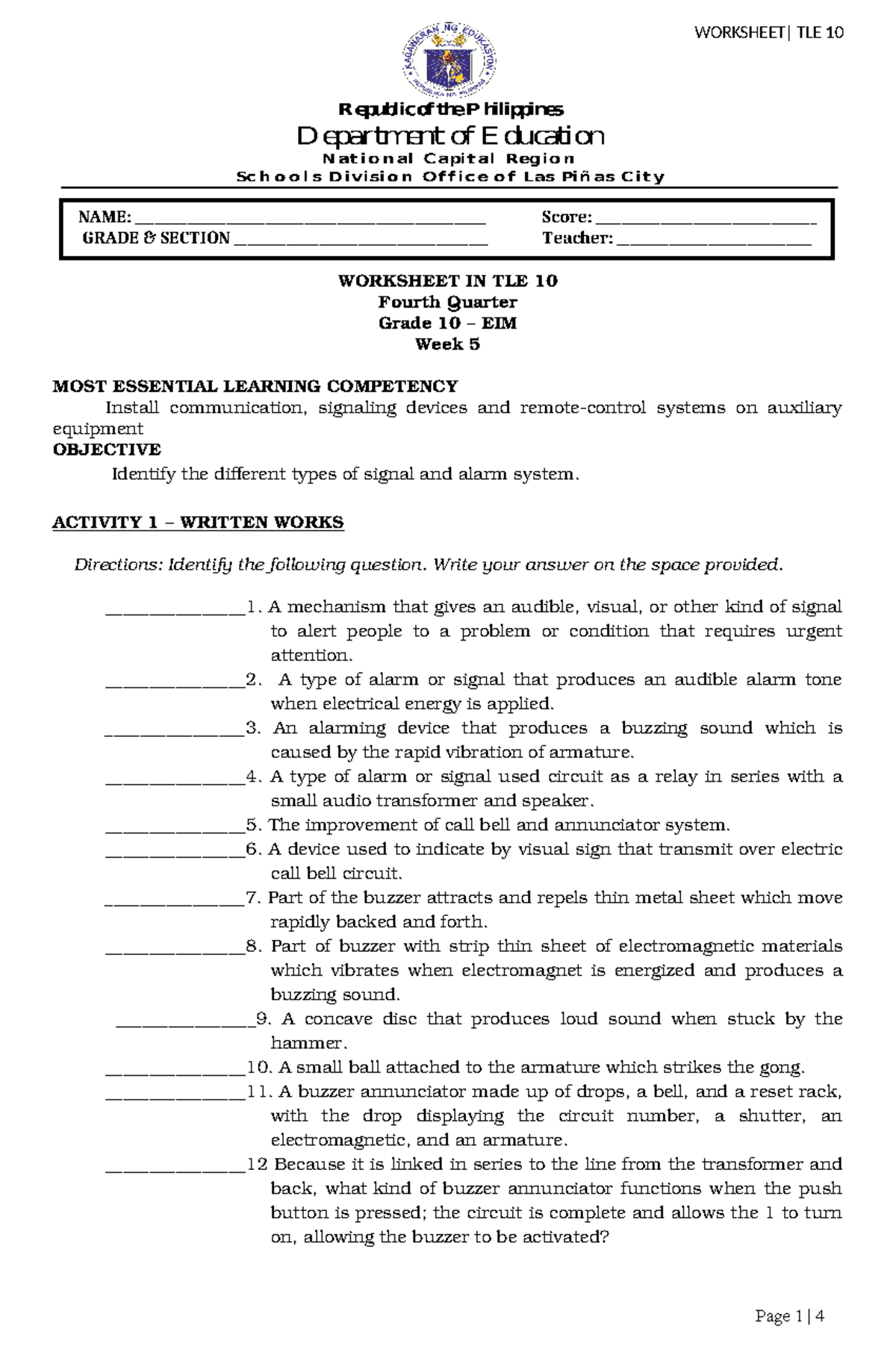 Q4 WEEK 5 10 EIM Worksheet 1 - WORKSHEET IN TLE 10 Fourth Quarter Grade 10 – EIM Week 5 MOST ...