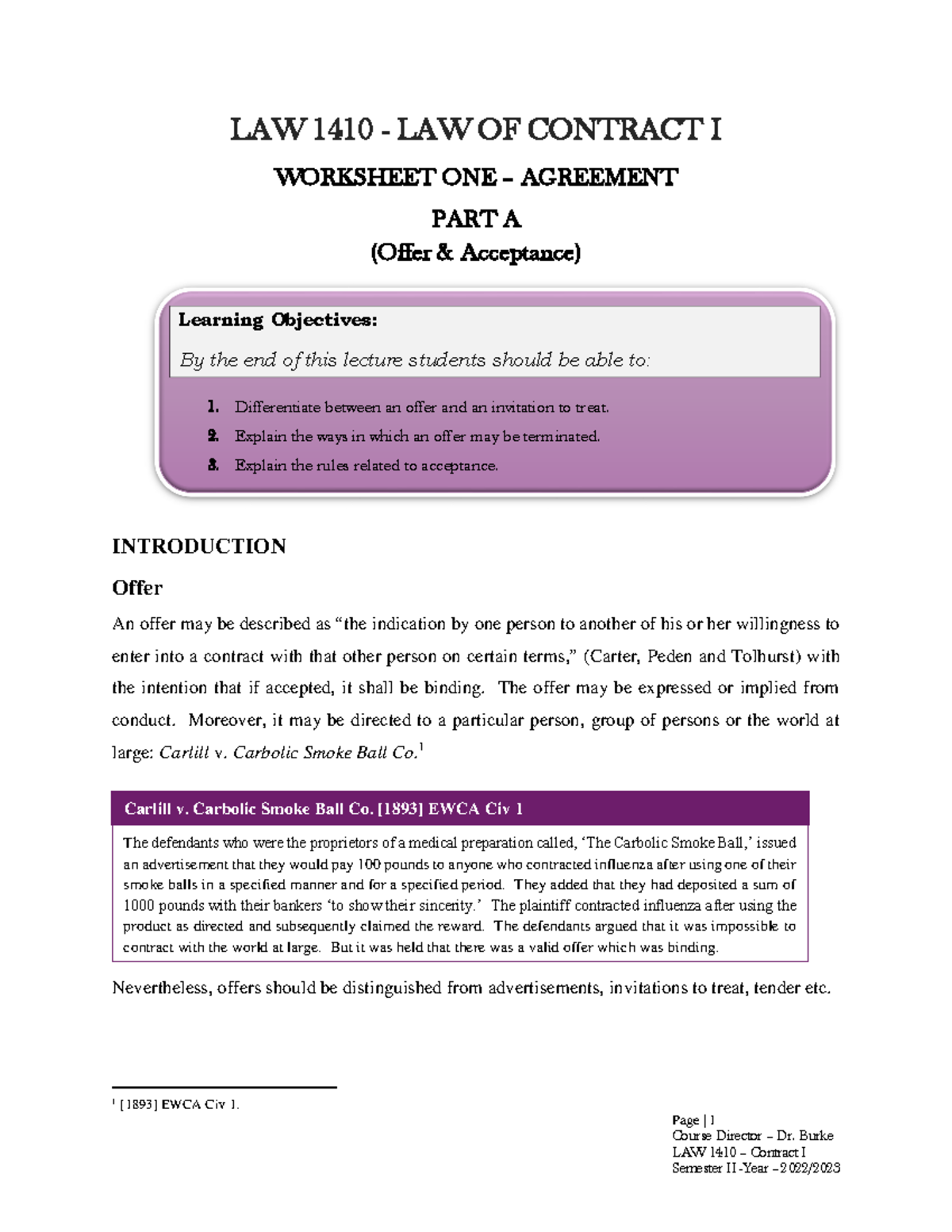 LAW 1410 - Worksheet 1 - Agreement, PART A - Page | 1 Course Director ...