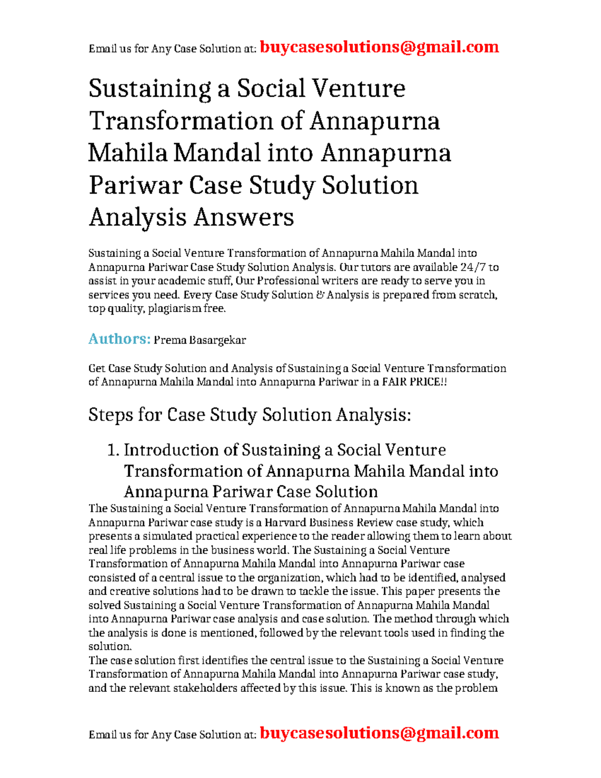 Case Solution Sustaining a Social Venture Transformation of Annapurna ...