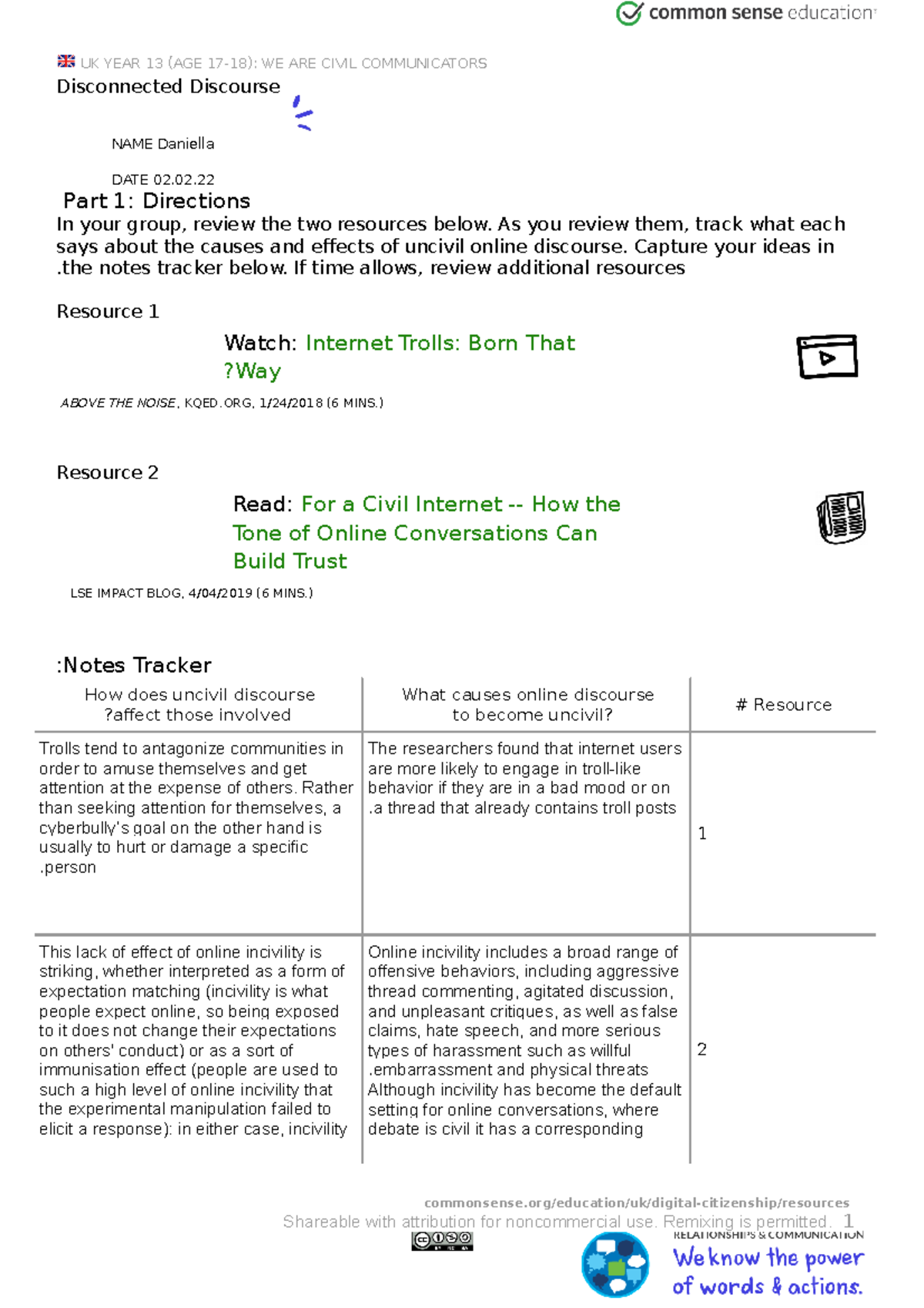 WE ARE Civil Communicators - Disconnected Discourse NAME Daniella DATE ...