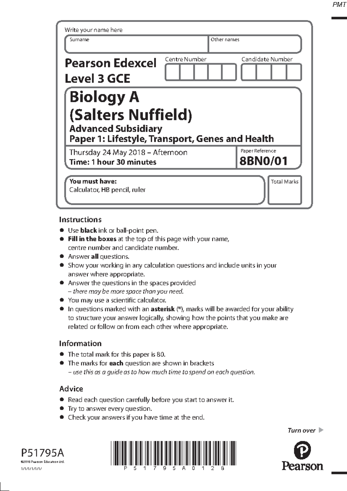 June 2018 QP - Paper 1 Edexcel (A) Biology AS-level - Centre Number ...