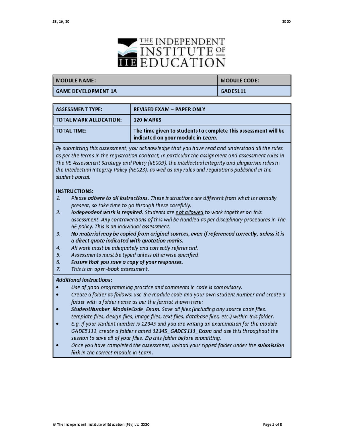 GADE5111 Ea C19 - PAST PAPER - MODULE NAME: MODULE CODE: GAME ...