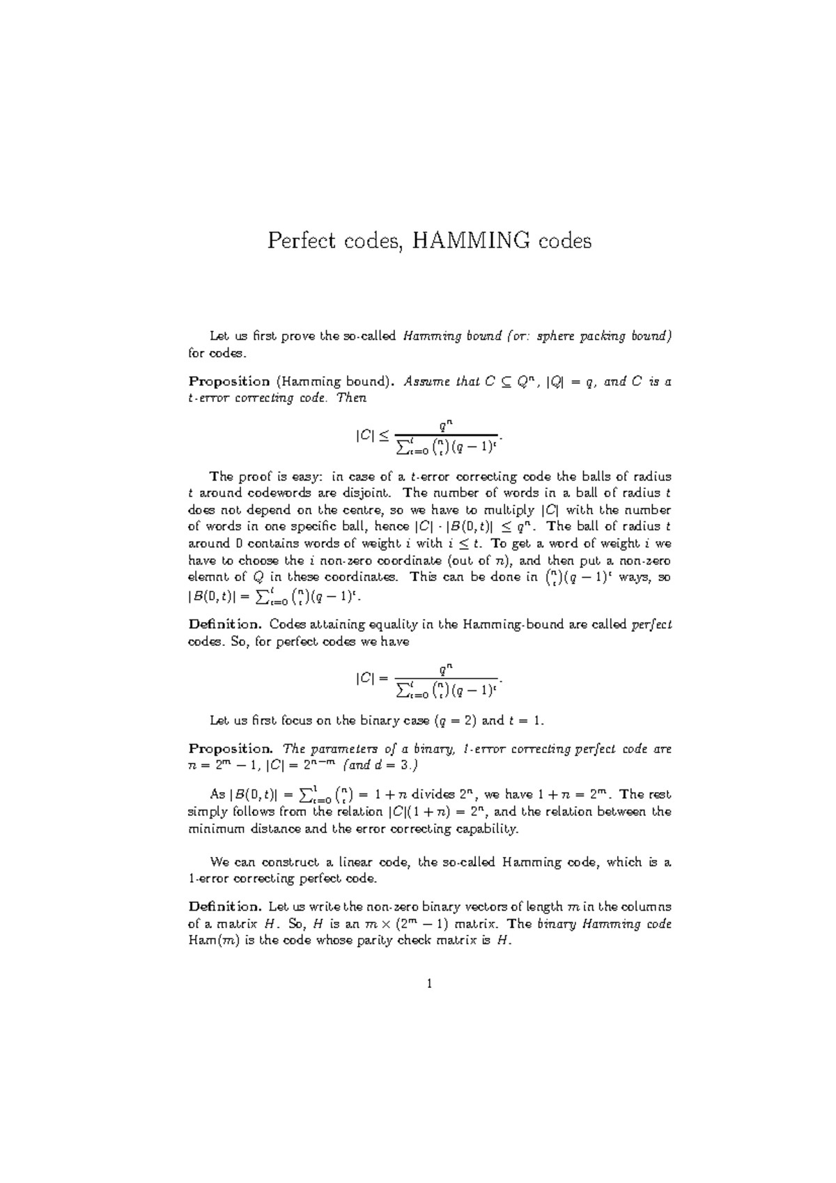 Hamming - Proposition (Hamming bound). Assume that C ⊆ Qn, |Q| = q, and ...