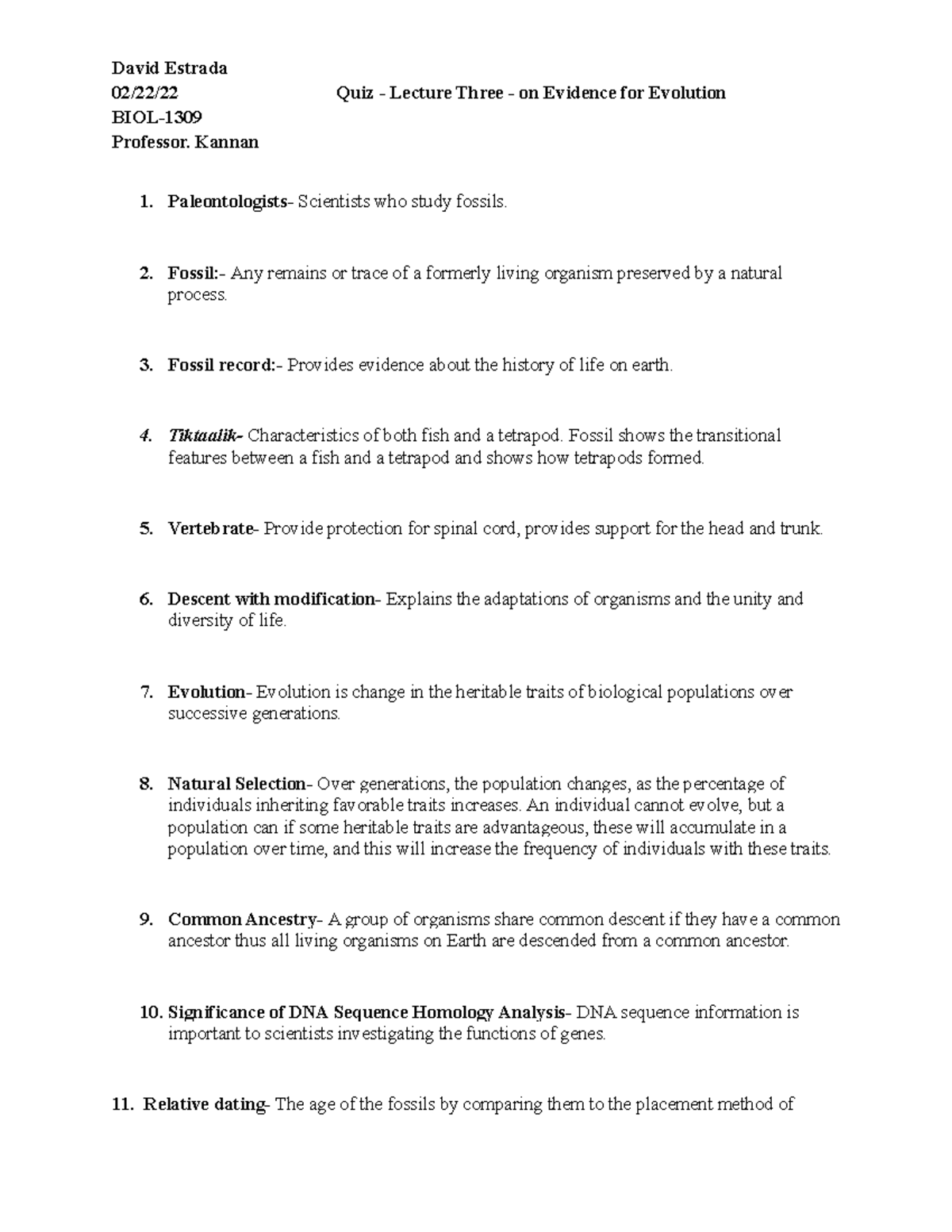 Quiz - Lecture Three - on Evidence for EvolutionQuiz - Lecture on Human ...