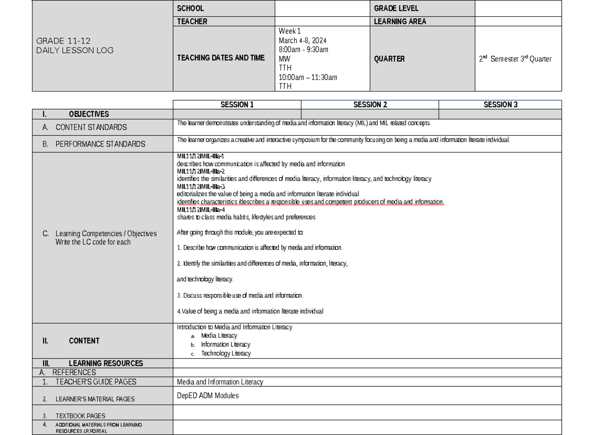 Daily Lesson Log - GRADE 11- DAILY LESSON LOG SCHOOL GRADE LEVEL ...