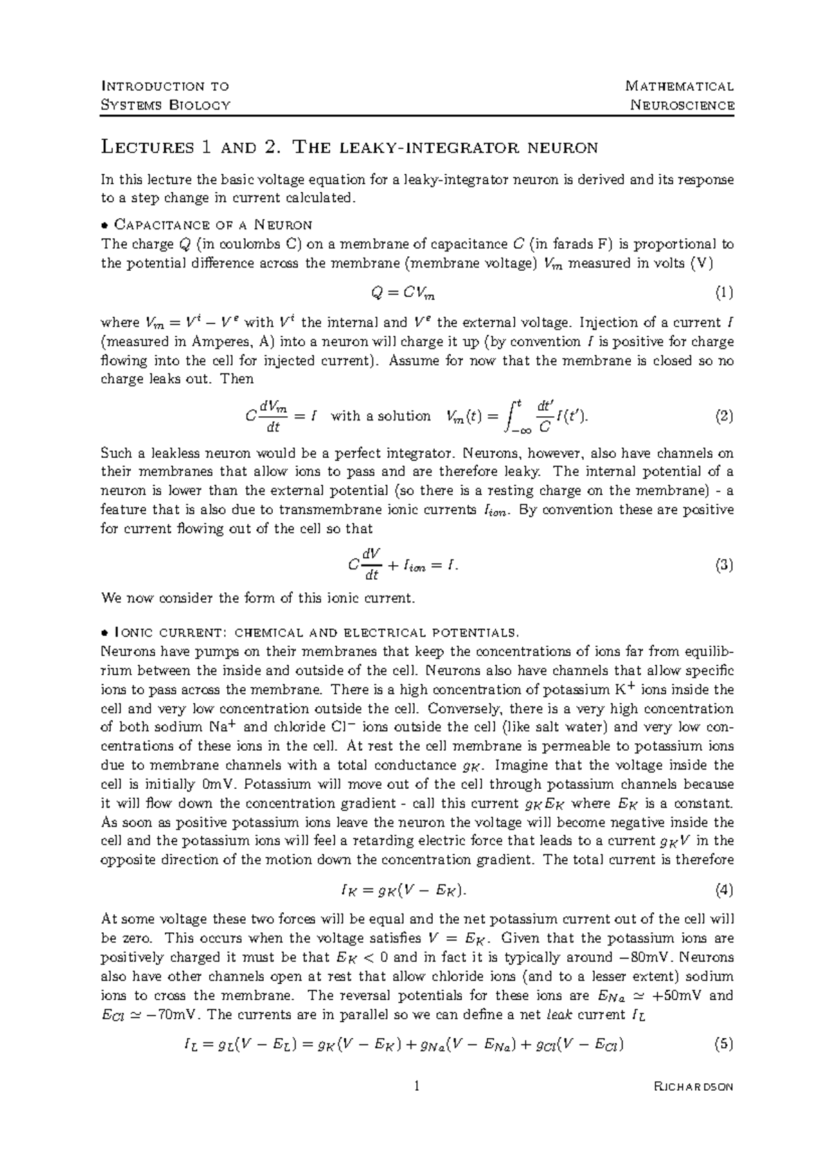 MA256 2012-2013 Mathematical Neuroscience - Lecture Notes - Systems ...