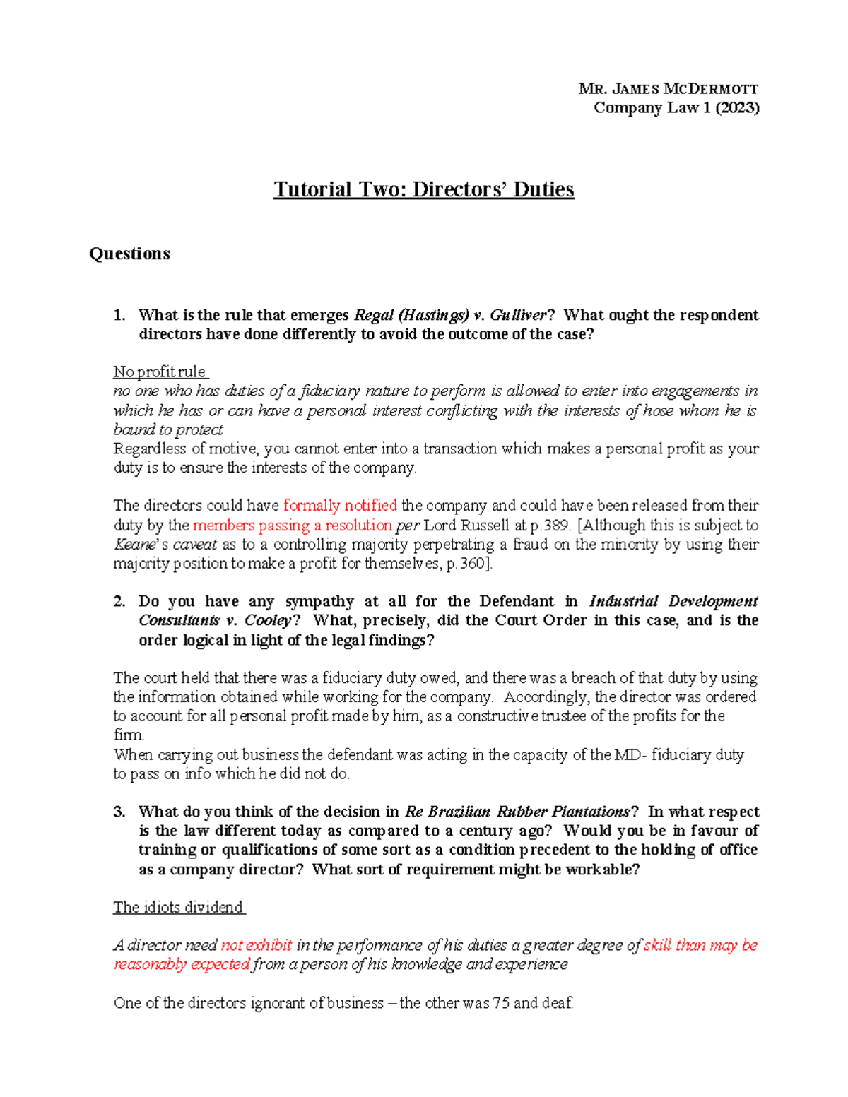 Company Law Tutorial Two[ 2023] - MR. JAMES MCDERMOTT Company Law 1 ...