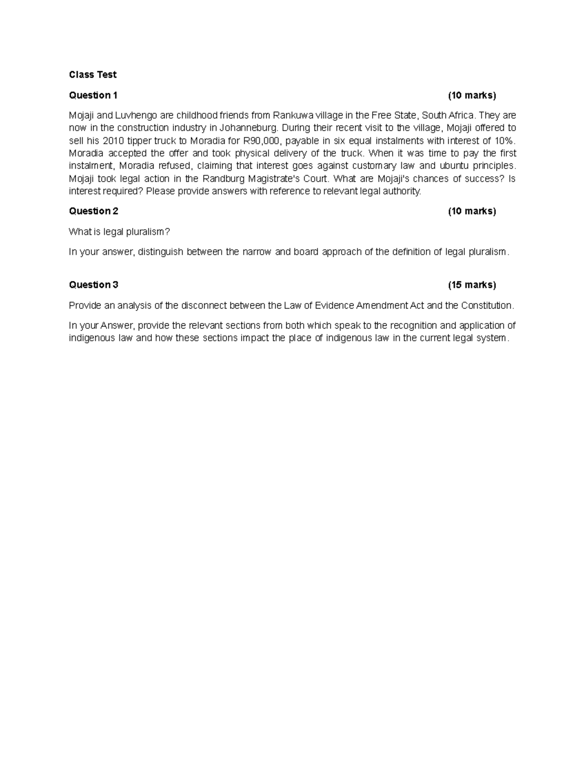 Class test - Class Test Question 1 (10 marks) Mojaji and Luvhengo are ...
