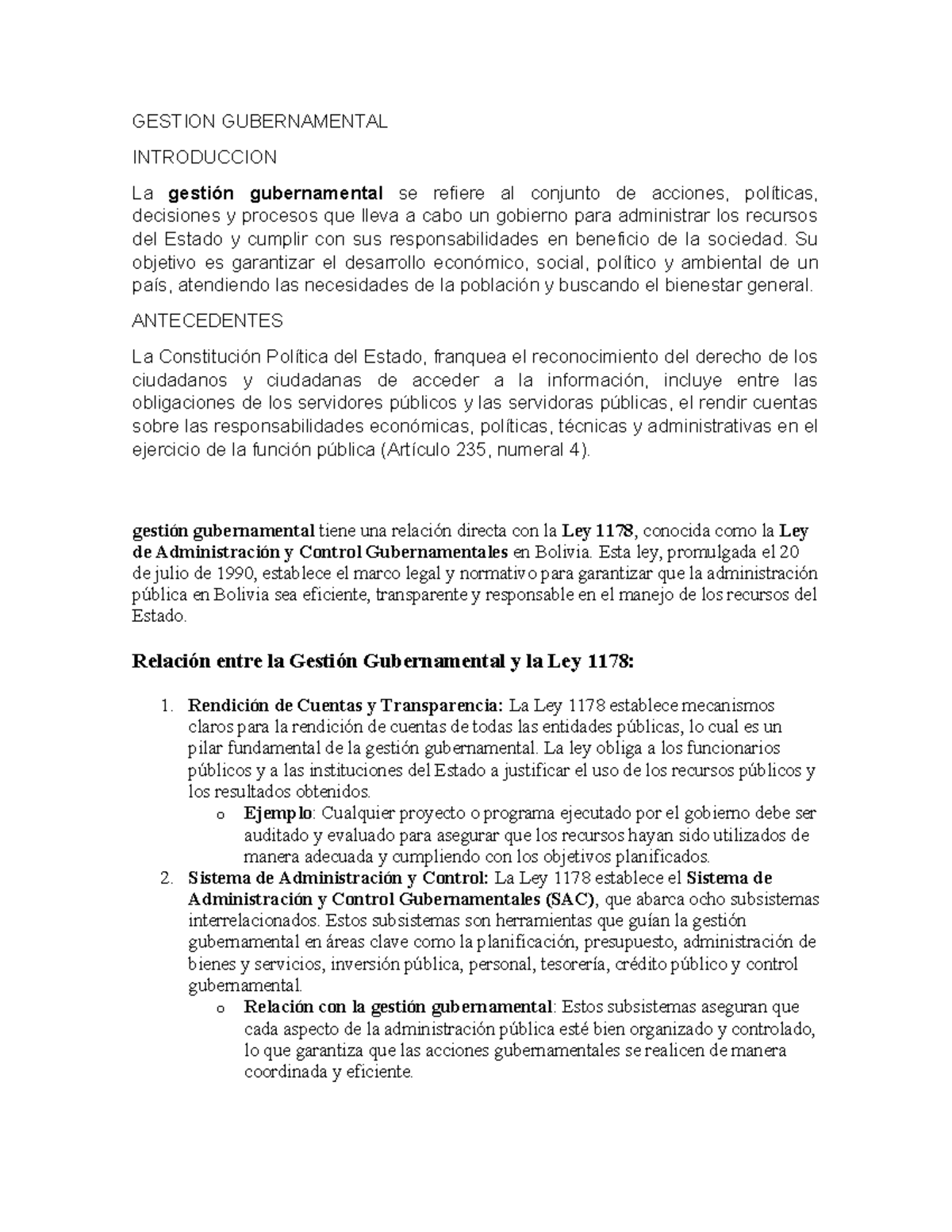 LEY 1178 - Gestion Gubernamental - GESTION GUBERNAMENTAL INTRODUCCION ...
