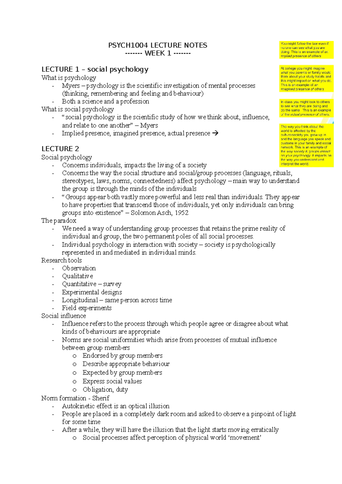 Psych 1004 Lecture Notes - PSYCH1004 LECTURE NOTES - WEEK 1 - LECTURE 1 ...