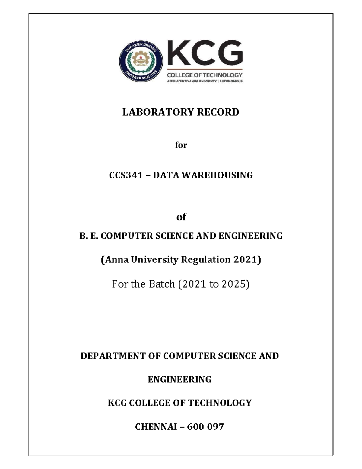 CCS341 - Data Warehouse Record 2024 - LABORATORY RECORD for CCS341 ...