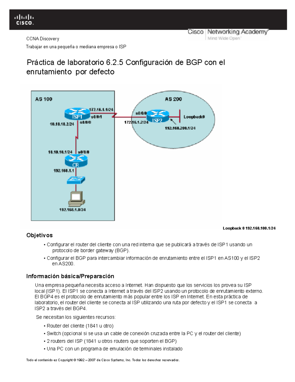 Práctica BGP - Resumen de BGP - CCNA Discovery Trabajar en una pequeña ...
