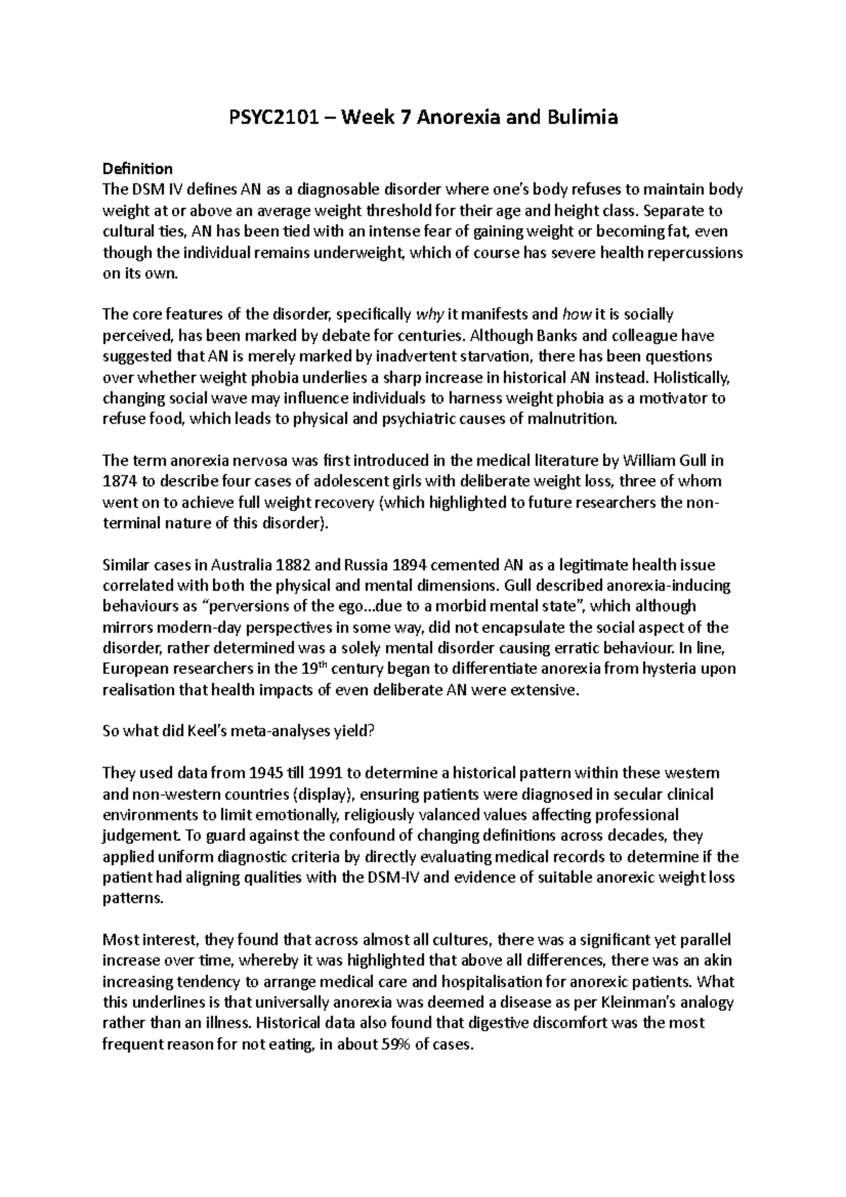 PSYC2101 Anorexia activity - PSYC2101 – Week 7 Anorexia and Bulimia ...