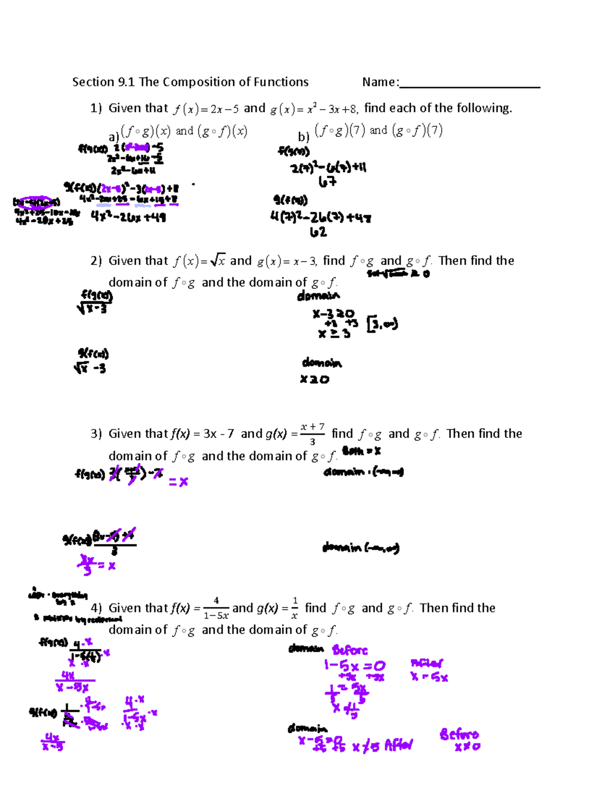 Worksheets - Algebra study materials - Section 9 The Composition of ...