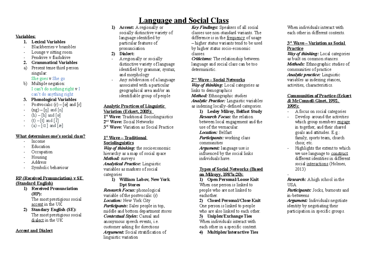 Language and Social Class - Language and Social Class Variables: 1 ...