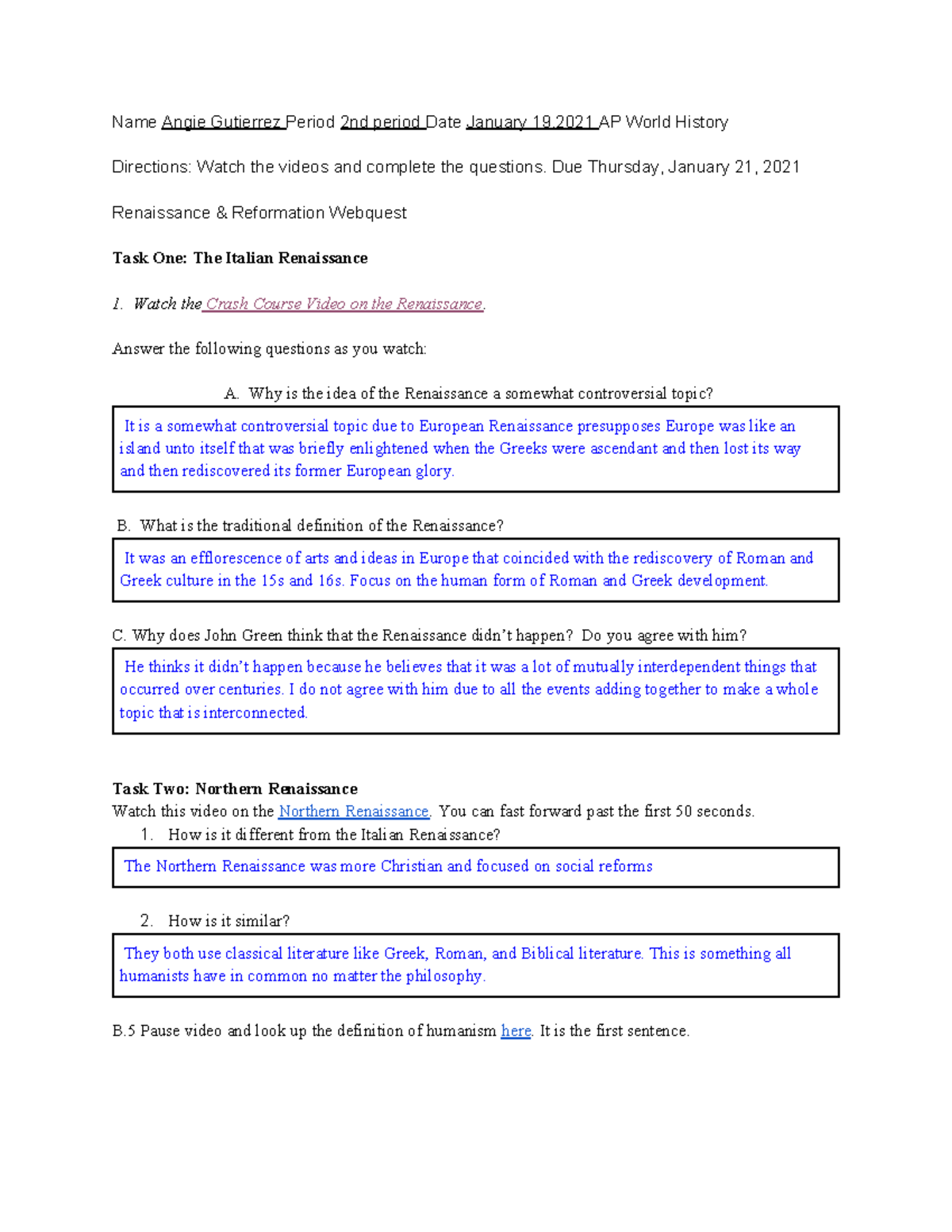 APWH Renaissance & Reformation Webquest - Name Angie Gutierrez Period ...