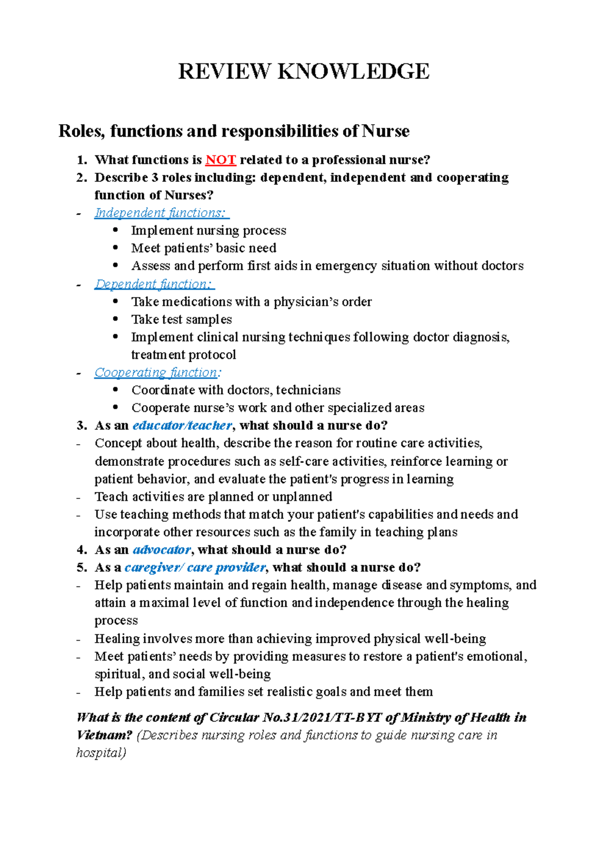 Review Knowledge - gbrnrgherwewe - REVIEW KNOWLEDGE Roles, functions ...