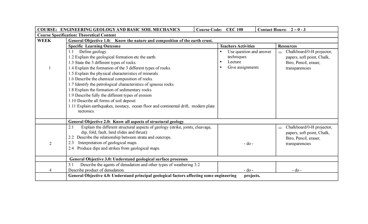CEC 108 - Course outline - COURSE: ENGINEERING GEOLOGY AND BASIC SOIL ...