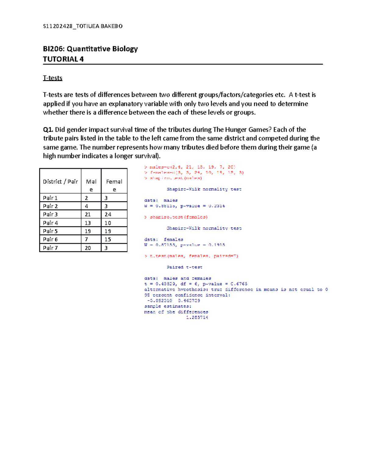 BI206 Tutorial 4 answers - BI206: Quantitative Biology TUTORIAL 4 T ...