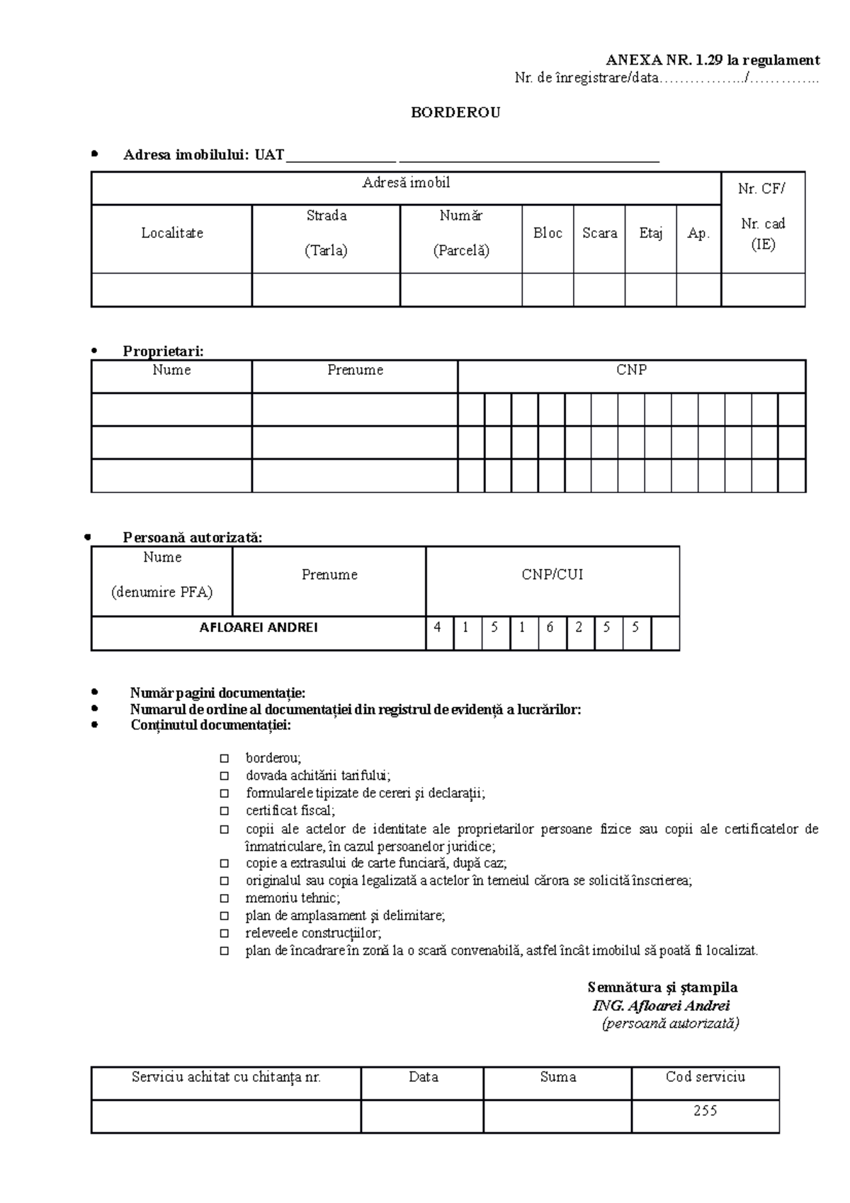 Borderou si Cerere DE Receptie-repoz - ANEXA NR. 1 la regulament Nr. de - Studocu