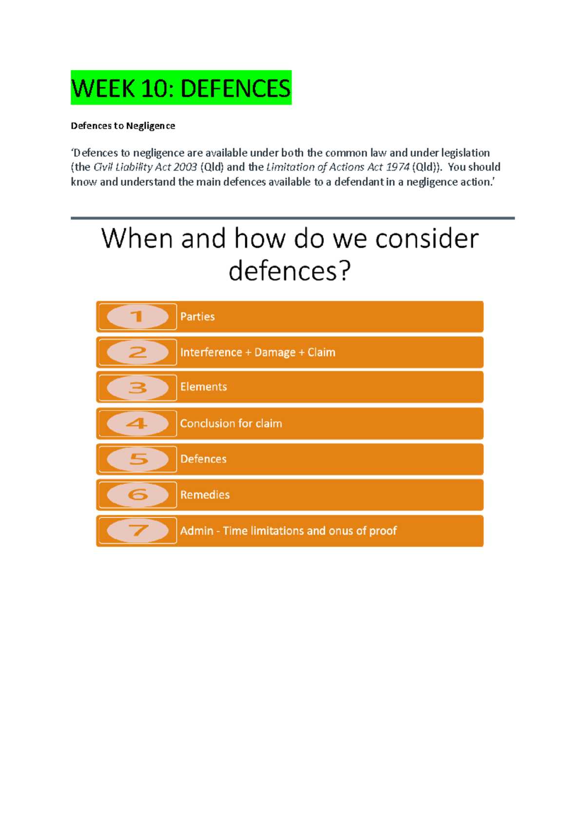 WEEK 10 - Course Notes - WEEK 10: DEFENCES Defences to Negligence ...