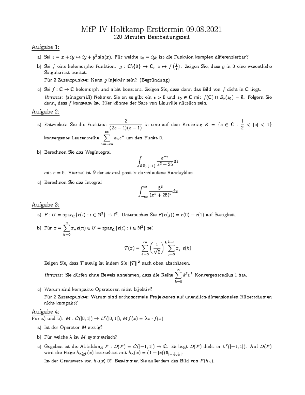 Ersttermin Mathe 4 - Mathematik IV für Physiker - UHH - Studocu