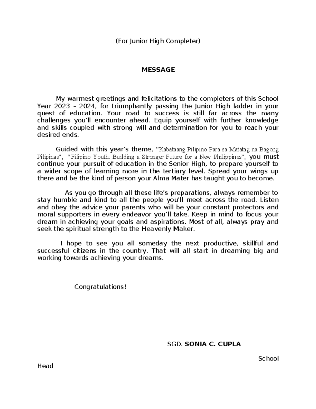 2024 Messages - (For Junior High Completer) MESSAGE My warmest ...