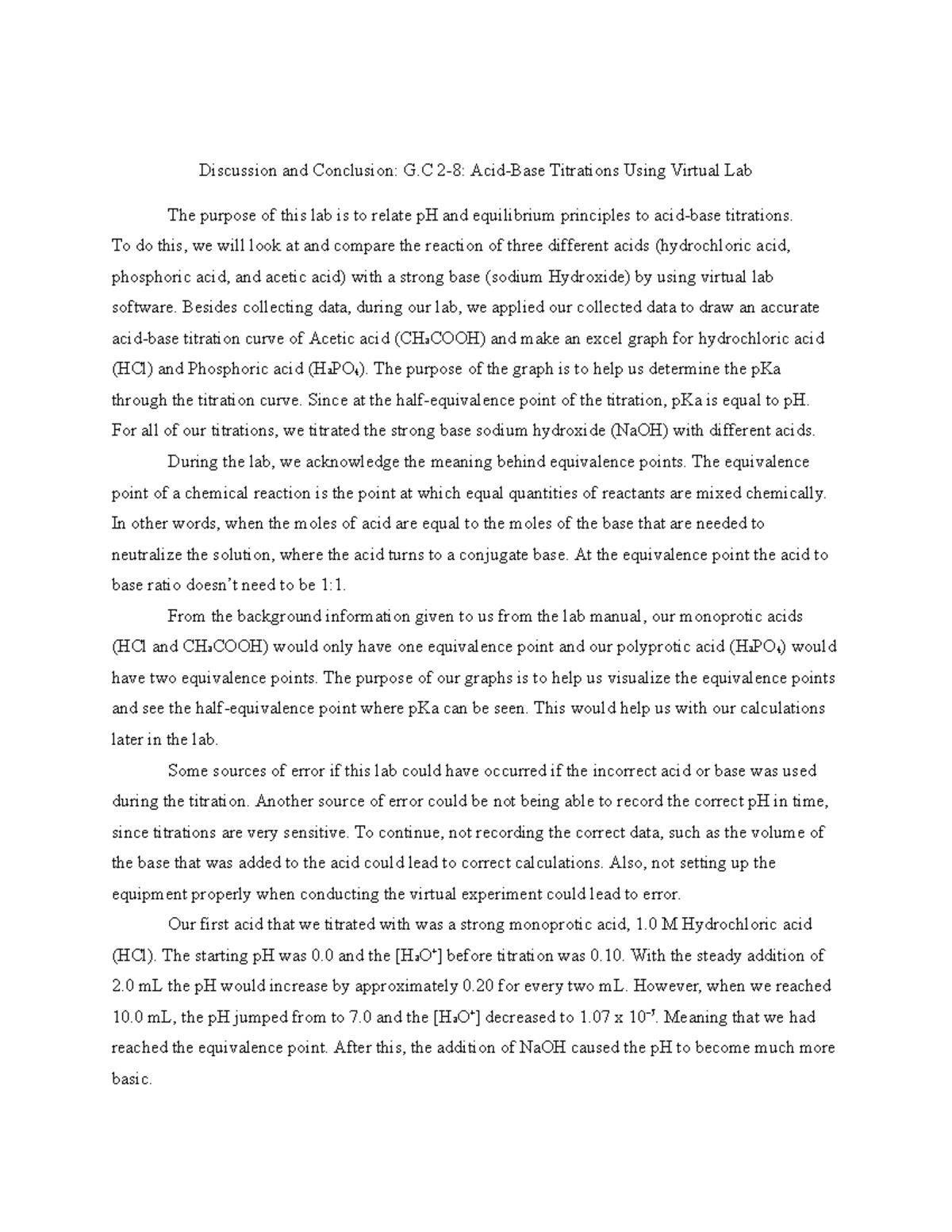Discussion and Conclusion: G.C 2-8: Acid-Base Titrations Using Virtual ...