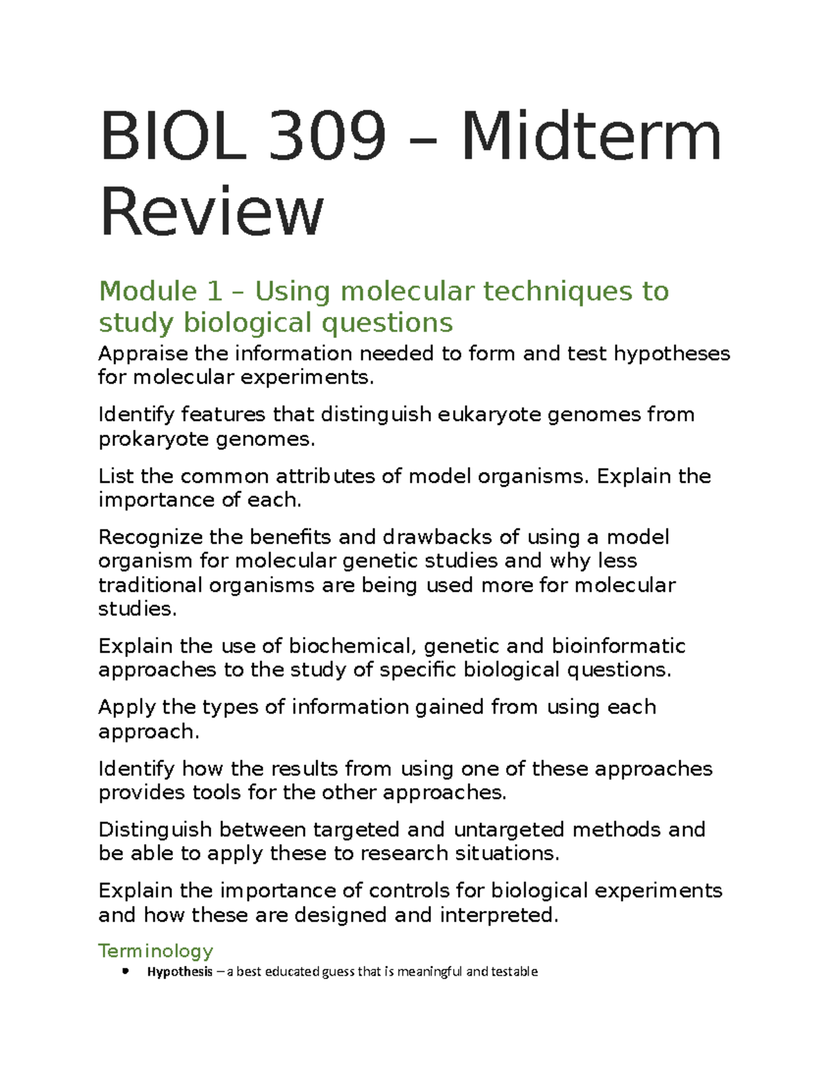 BIOL 309 Midterm Review - BIOL 309 – Midterm Review Module 1 – Using ...