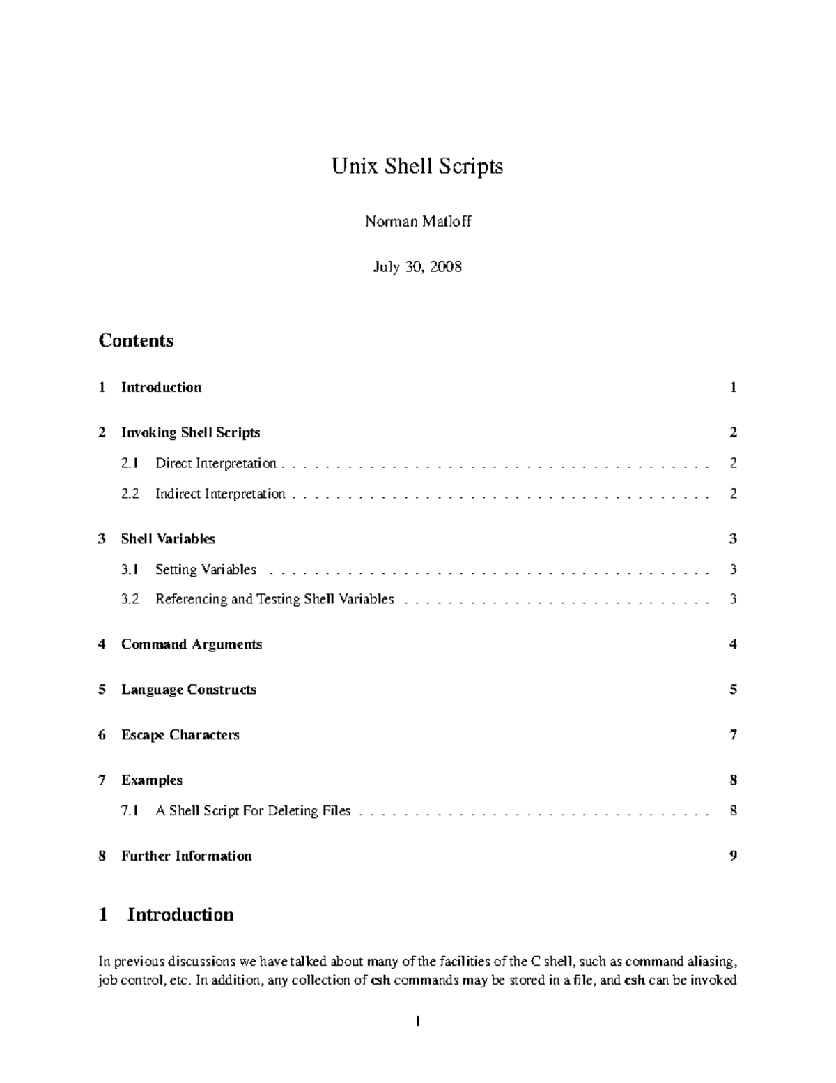 Cshell Ii Notes Unix Shell Scripts Norman Matloff July 30 2008
