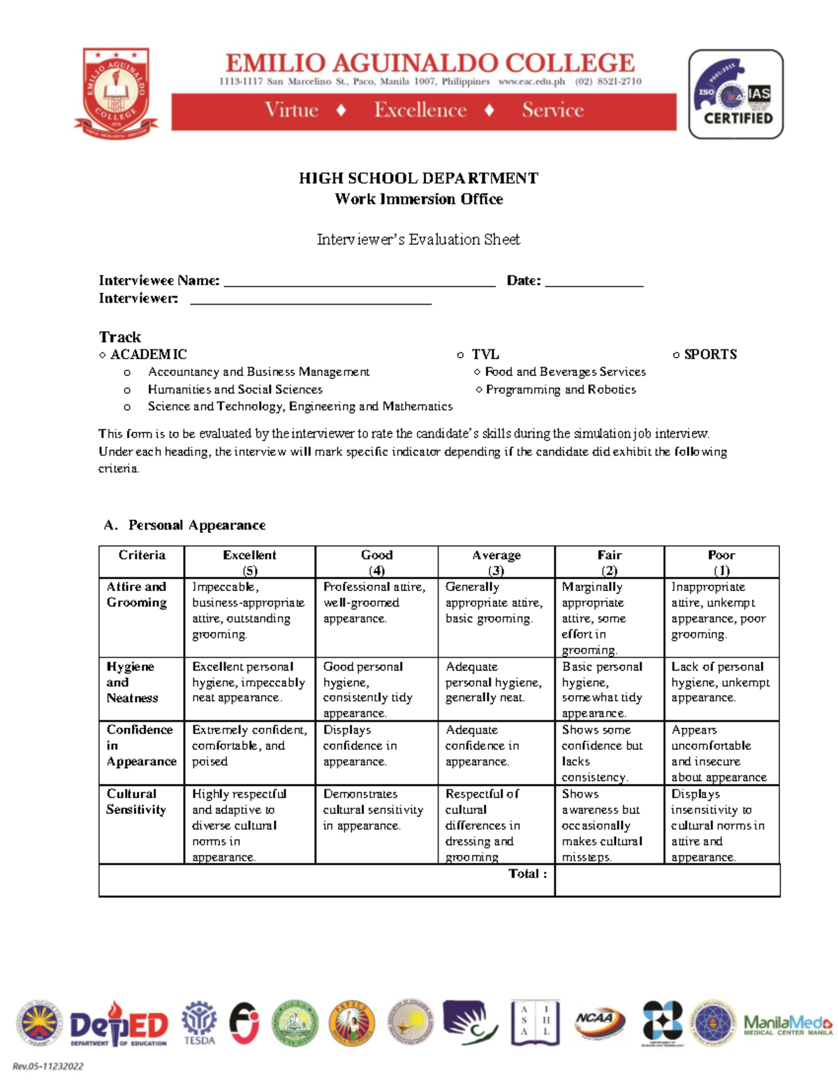 Interview Evaluation Sheet - HIGH SCHOOL DEPARTMENT Work Immersion ...
