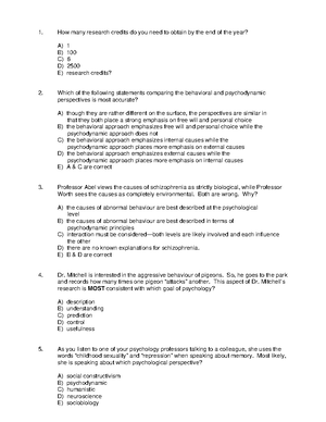 Practice Final Exam for Intro to Psychology 1000 (Answers are included ...