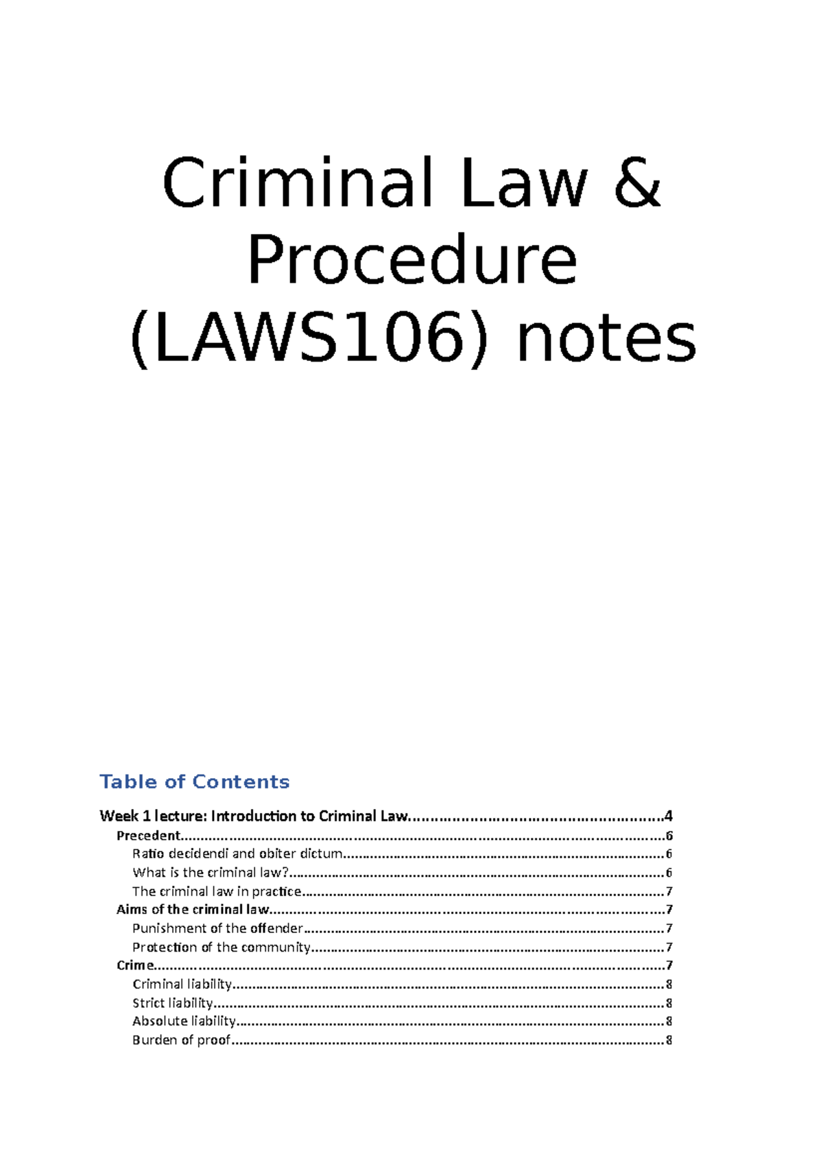 Criminal Law Table Content - Criminal Law & Procedure (LAWS106) notes ...